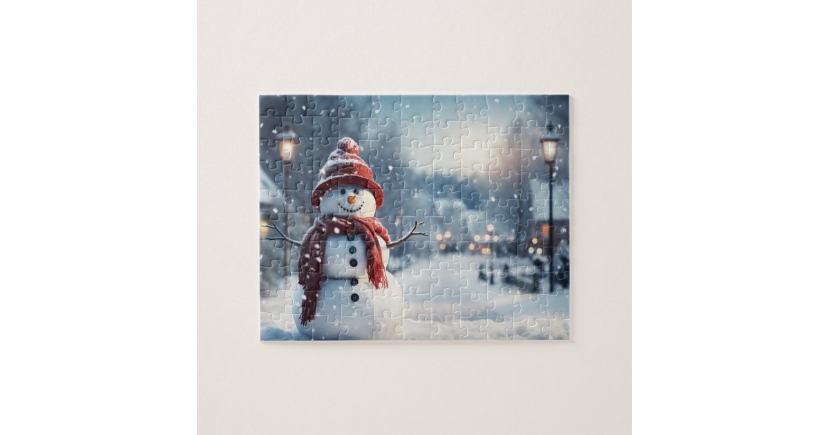 Snowman in the village. Winter scene. Jigsaw Puzzle | Zazzle