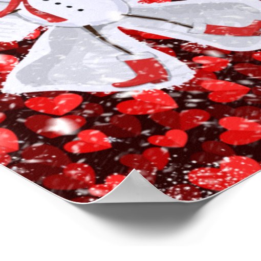 Snowman Making a Snow Angel on Red Hearts Winter Poster | Zazzle