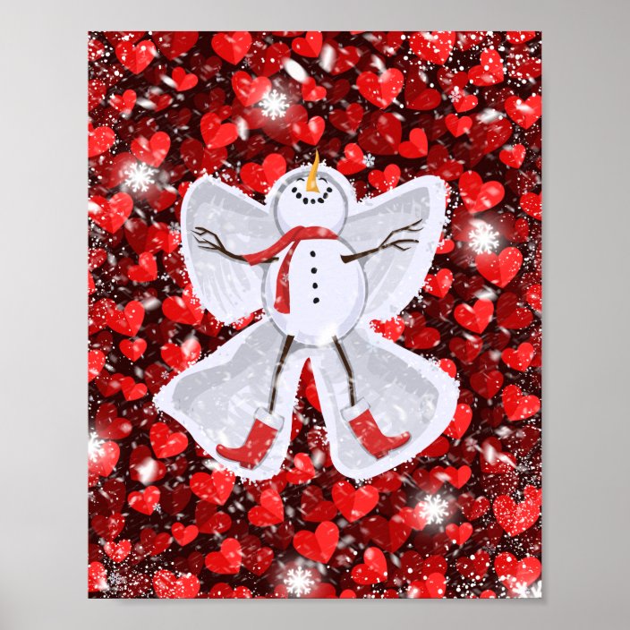 Snowman Making a Snow Angel on Red Hearts Winter Poster | Zazzle.com