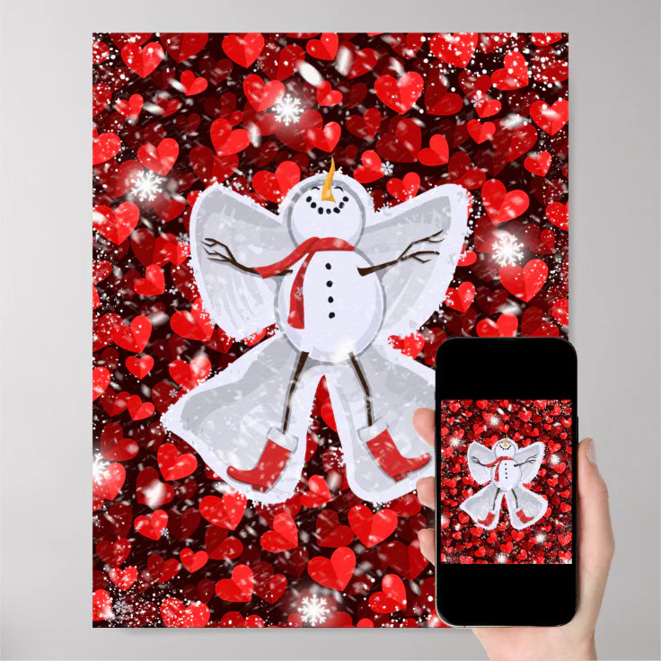 Snowman Making a Snow Angel on Red Hearts Winter Poster | Zazzle