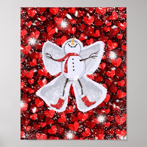 Snowman Making a Snow Angel on Red Hearts Winter Poster | Zazzle
