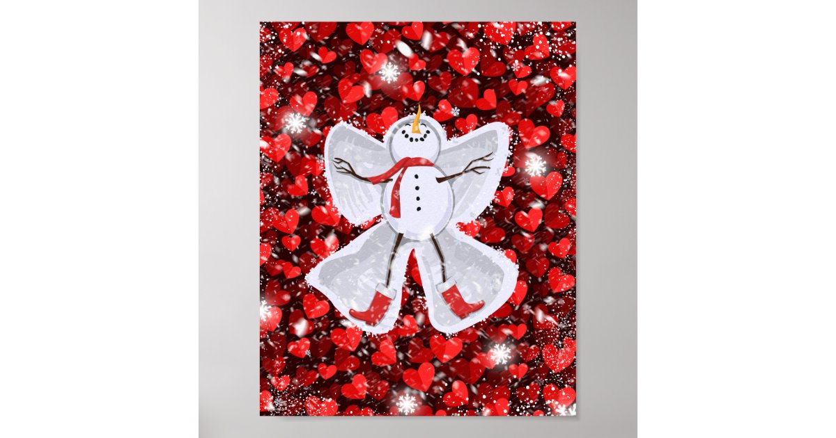 Snowman Making a Snow Angel on Red Hearts Winter Poster | Zazzle