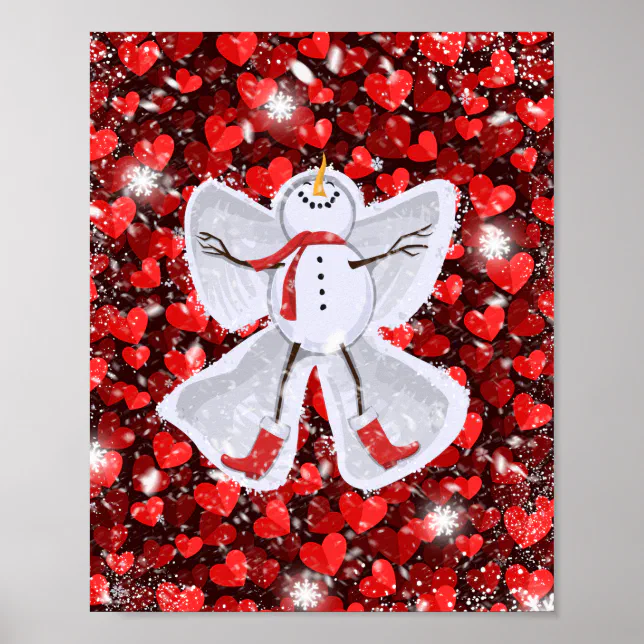 Snowman Making a Snow Angel on Red Hearts Winter Poster | Zazzle