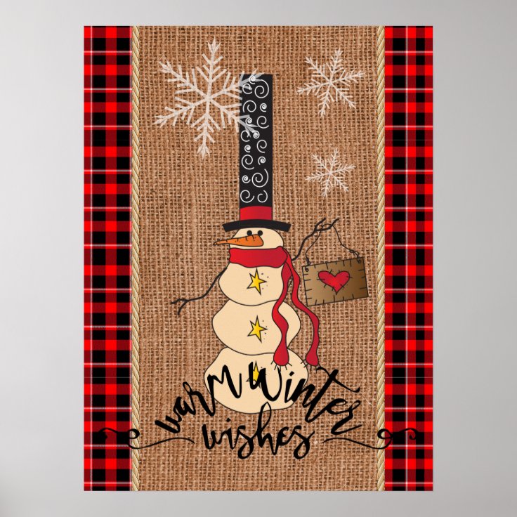 Snowman Merry Christmas with Plaid and Burlap Poster | Zazzle