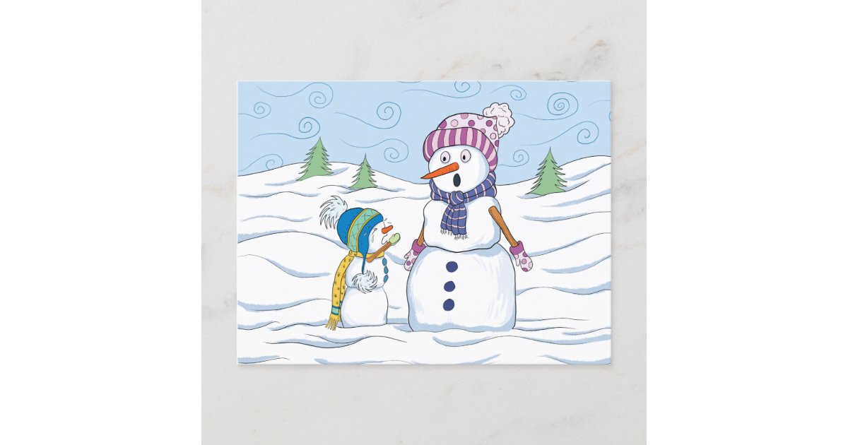 Snowman Mom Kid Crying Whimsical Art Postcard | Zazzle