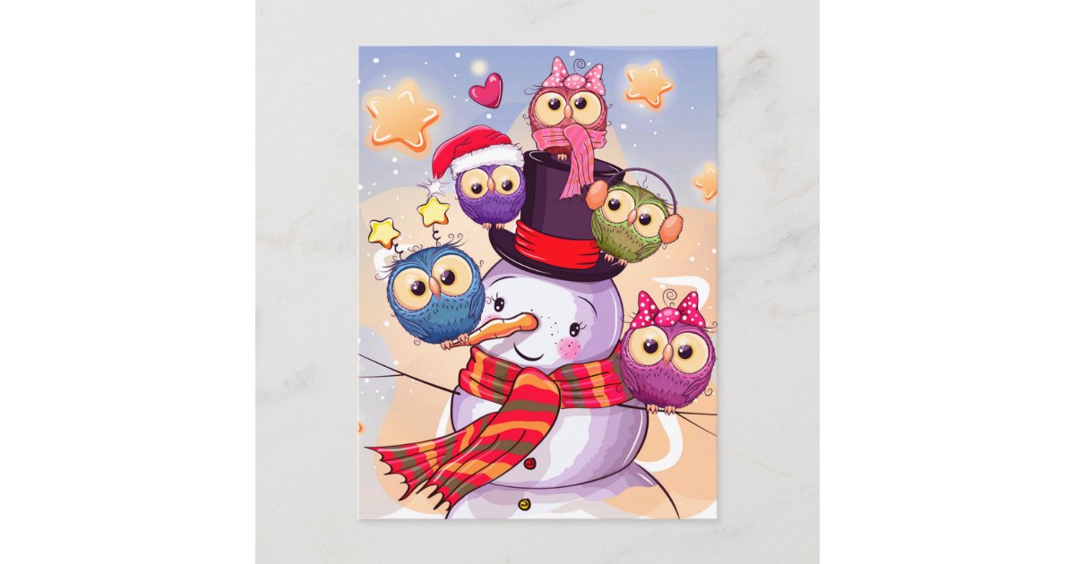 Snowman & Owls Postcard | Zazzle