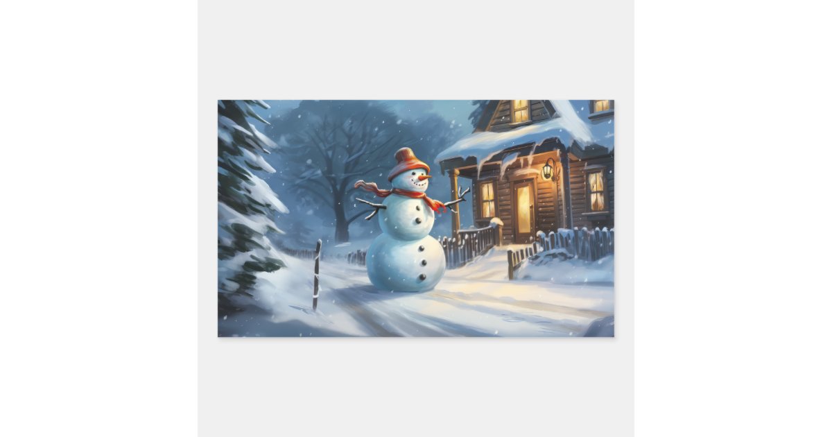 Snowman Painting Rectangular Sticker | Zazzle