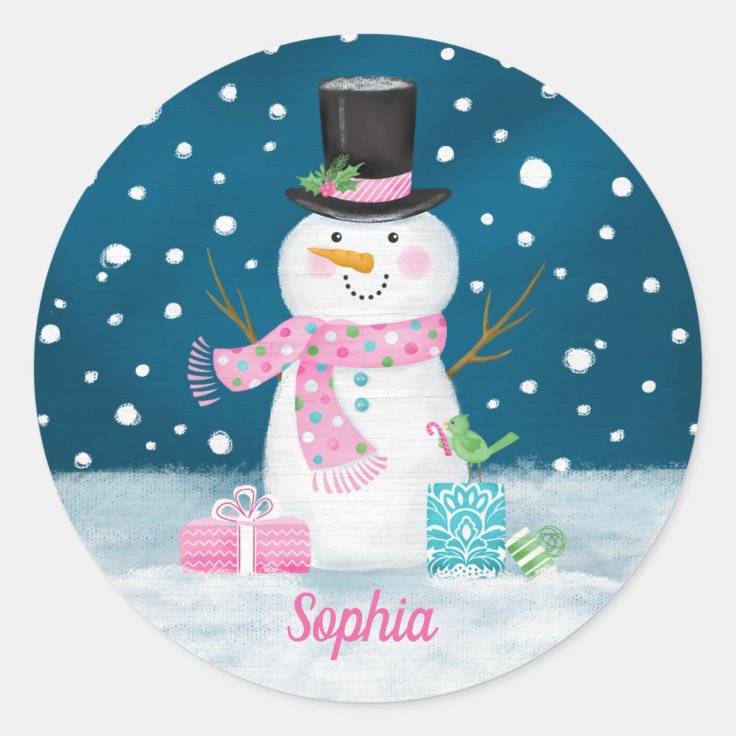 Snowman Pink Cute Personalized Christmas Holiday Classic Round Sticker ...