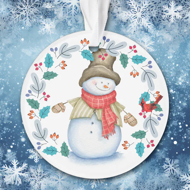 Snowman with Red Bird Wreath Kids Ornament | Zazzle