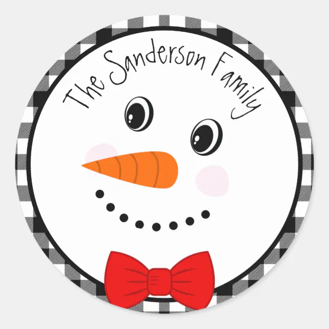 Snowman with Red Bowtie Black Buffalo Plaid Trim Classic Round Sticker ...