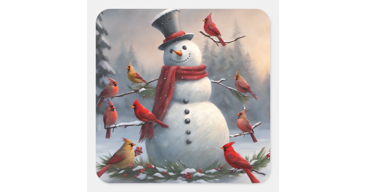 Snowman with Red Cardinals Snowy Square Sticker | Zazzle
