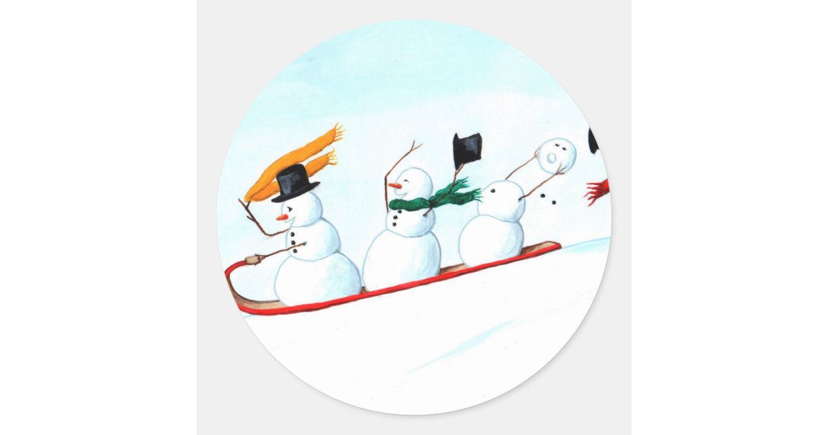 Snowmen on a Sled Classic Round Sticker | Zazzle