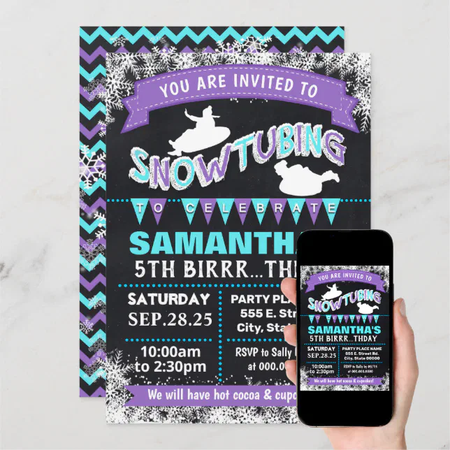 Snowtubing birthday party bash purple sleeding invitation | Zazzle