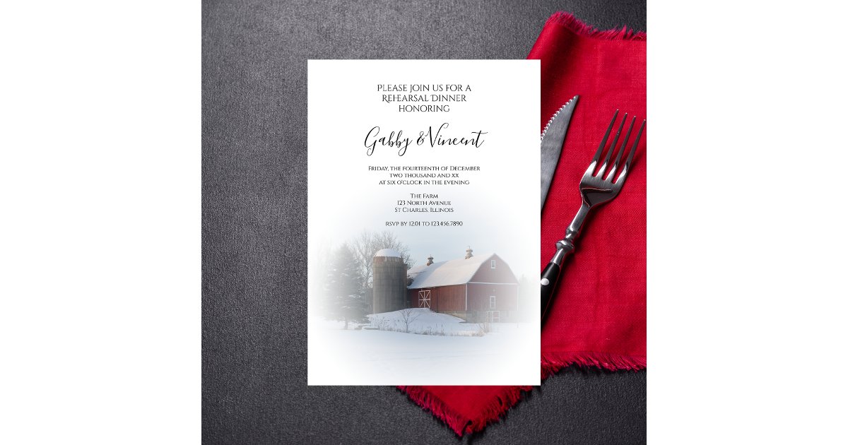 Snowy Barn Silo Winter Wedding Rehearsal Dinner Invitation | Zazzle