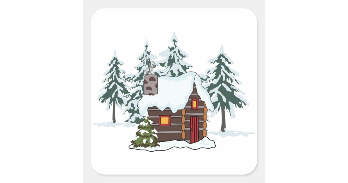 Snowy Cabin Scene Square Sticker | Zazzle