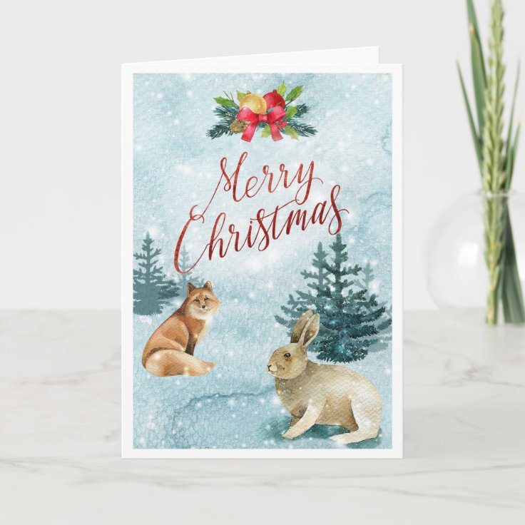Snowy Christmas Fox and Rabbit Scenic Card | Zazzle