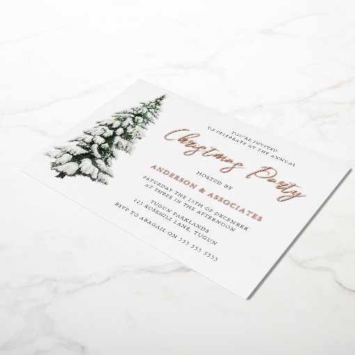 Snowy Christmas Tree Festive Christmas Party Gold Foil Invitation | Zazzle