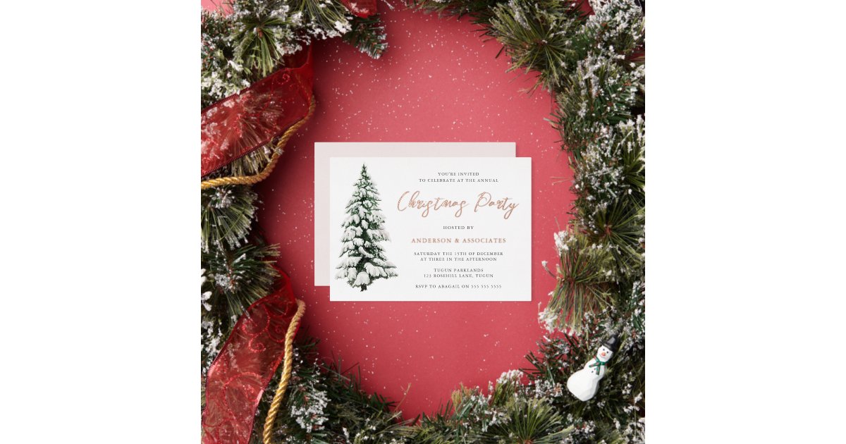 Snowy Christmas Tree Festive Christmas Party Gold Foil Invitation | Zazzle