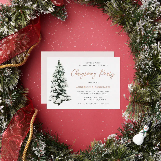 Snowy Christmas Tree Festive Christmas Party Gold Foil Invitation | Zazzle
