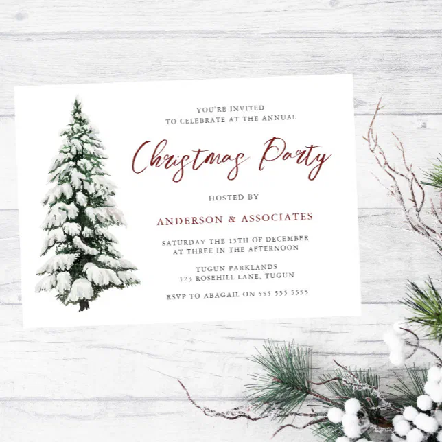 Snowy Christmas Tree Festive Christmas Party Invitation | Zazzle