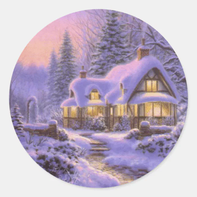 Snowy Christmas Winter Scene Classic Round Sticker | Zazzle