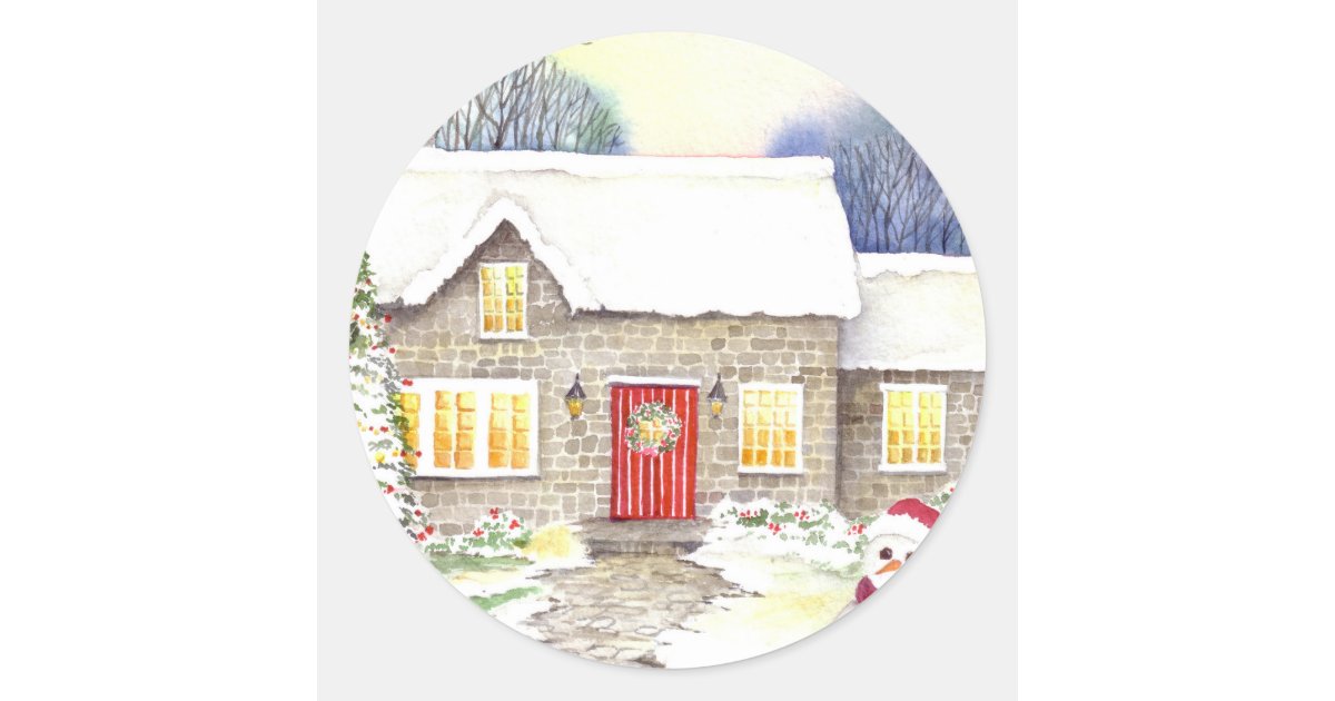 Snowy Cottage Classic Round Sticker | Zazzle