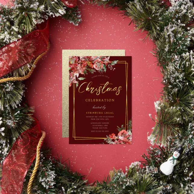 Snowy Festive Corporate Christmas Party Gold Foil Invitation | Zazzle
