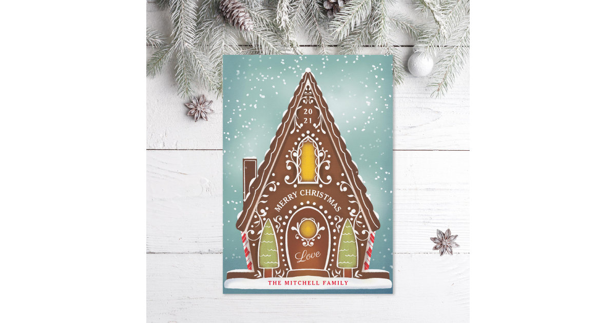 Snowy Gingerbread House Illustrated Holiday Card | Zazzle