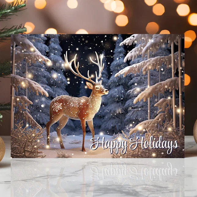 Snowy Lit Trees Glitter Christmas Forest Reindeer Holiday Card | Zazzle