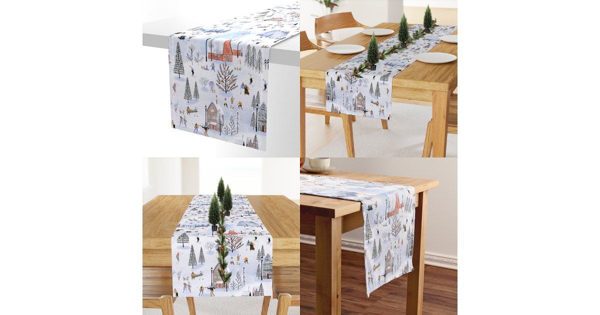Snowy Mountain Alpine Ski Village Medium Table Runner | Zazzle