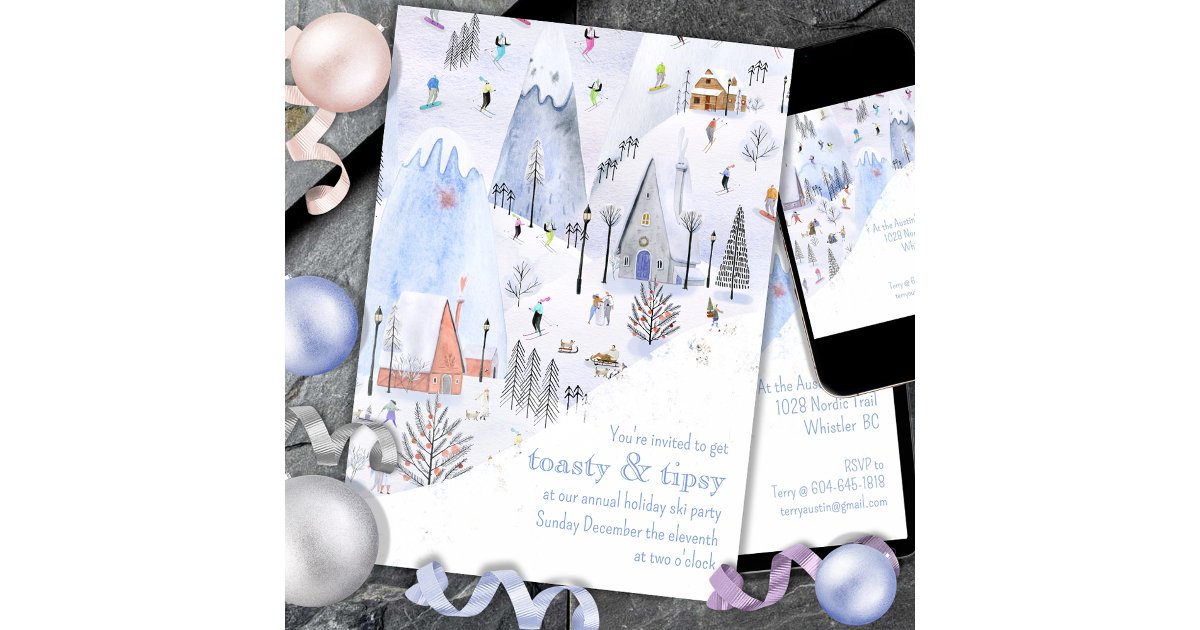Snowy Mountain Ski Village Holiday Party Invitation | Zazzle