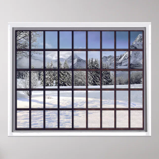 Snowy Mountains Faux Winter Scene Window Poster | Zazzle