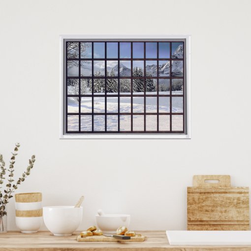 Snowy Mountains Faux Winter Scene Window Poster | Zazzle