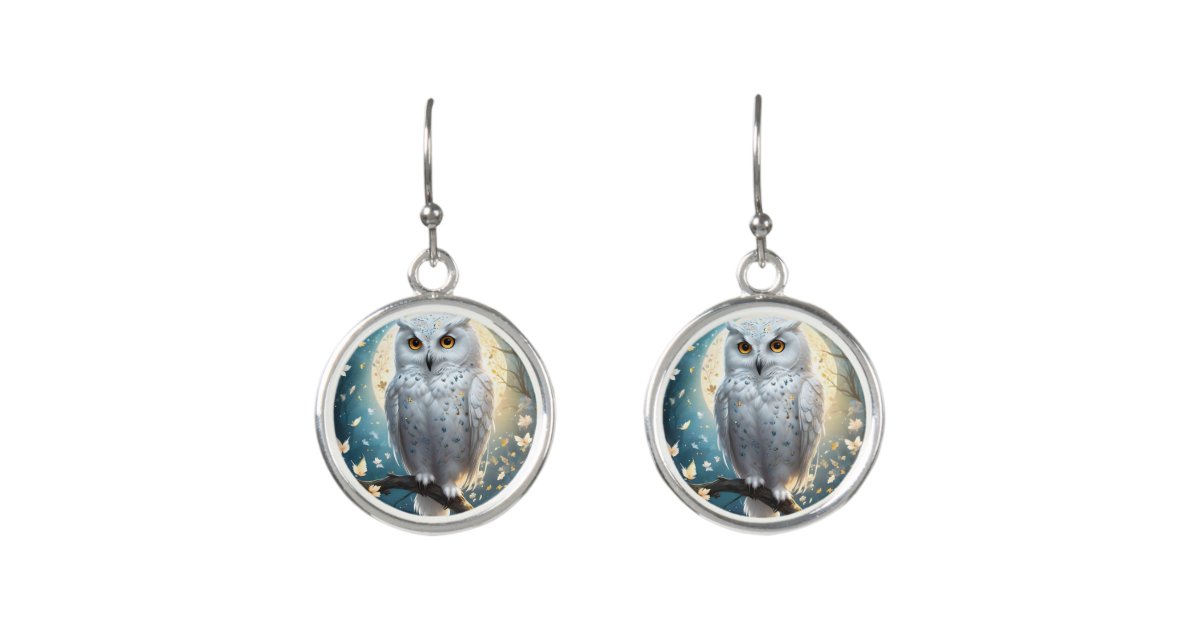 Snowy Owl And Moon With Sparkle, Earrings | Zazzle