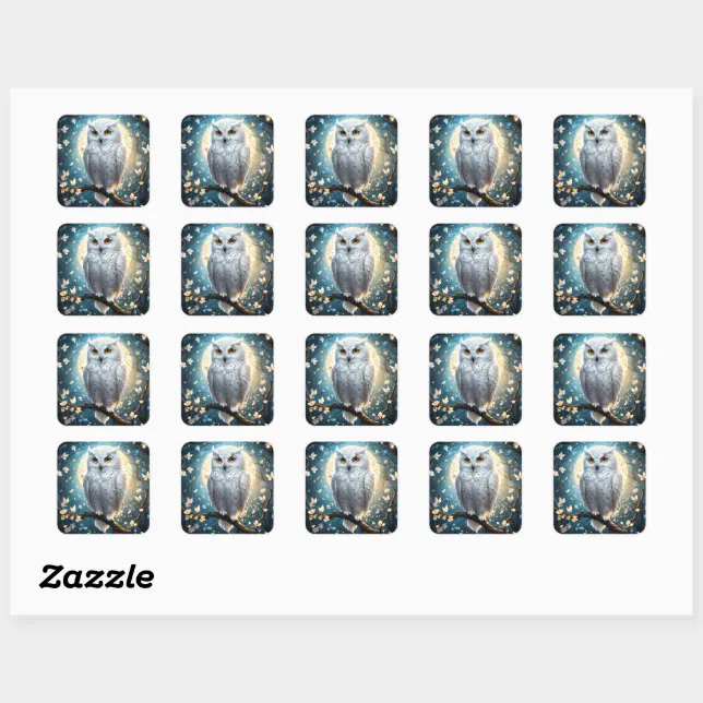 Snowy Owl And Moon With Sparkle, Square Sticker | Zazzle