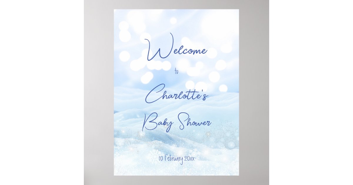 Snowy pastel blue bokeh winter baby shower welcome poster | Zazzle