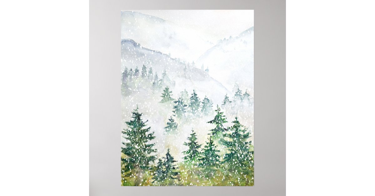 snowy pine forest watercolor poster | Zazzle