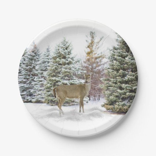 Snowy Pines with Deer Paper Plate | Zazzle.com