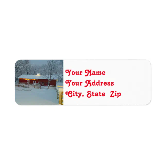 Snowy Red Barn Farm Christmas Return Address Label | Zazzle