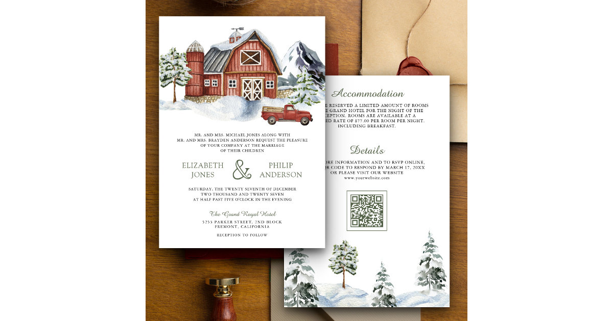 Snowy Red Barn Winter Christmas QR Code Wedding Invitation | Zazzle