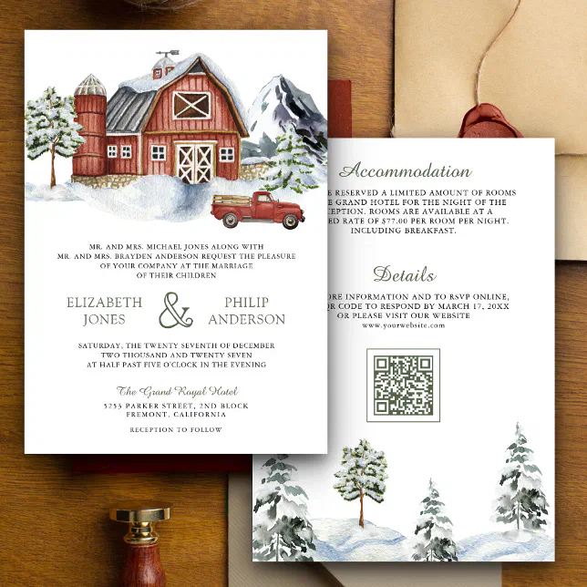 Snowy Red Barn Winter Christmas QR Code Wedding Invitation | Zazzle