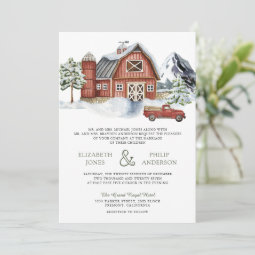 Snowy Red Barn Winter Christmas QR Code Wedding Invitation | Zazzle