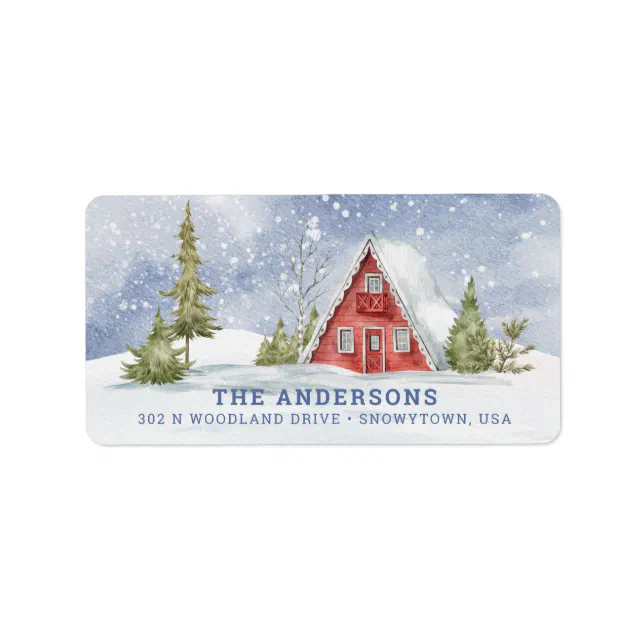 Snowy Red Cabin Label | Zazzle