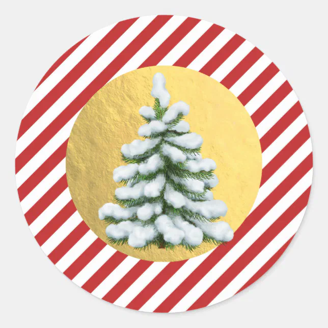 Snowy Tree Christmas Red Stripes Gold Foil Classic Round Sticker | Zazzle