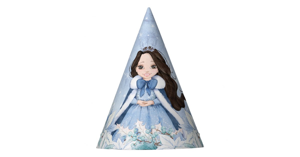 Snowy Winter Black Hair Princess Party Hat | Zazzle