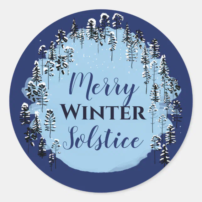 Snowy Winter Blue Forest Merry Solstice Holiday Classic Round Sticker ...