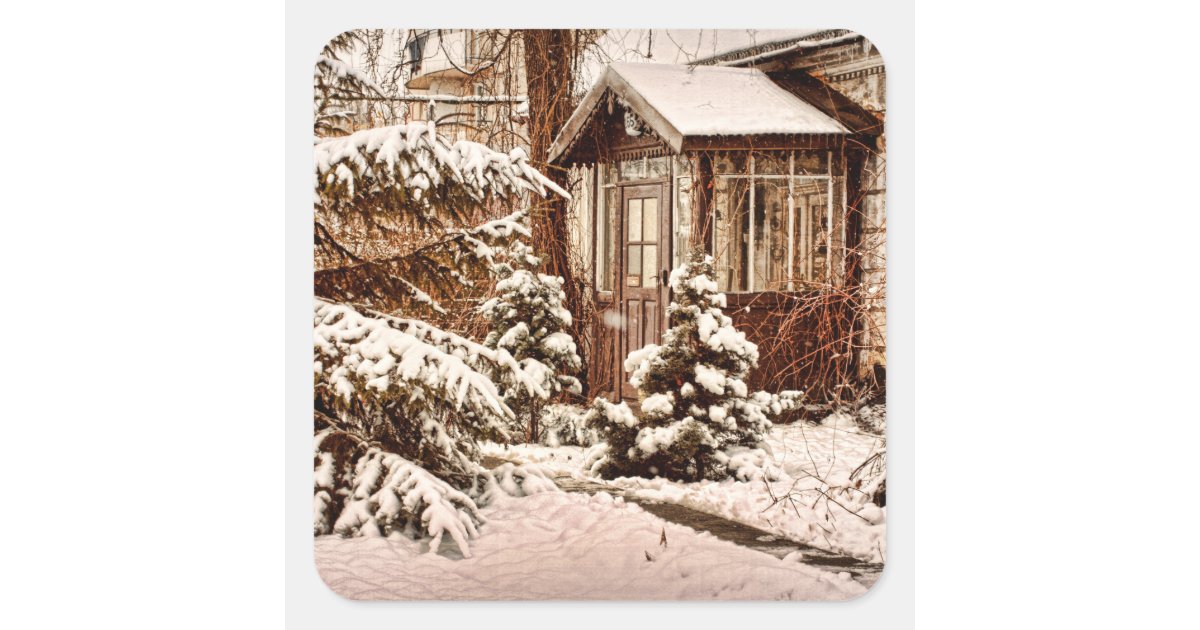 Snowy winter house, square sticker | Zazzle