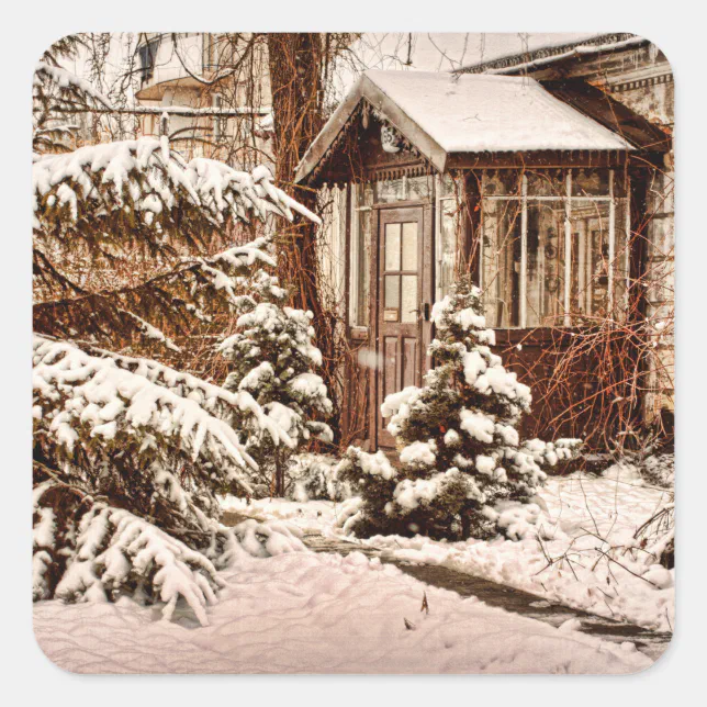 Snowy winter house, square sticker | Zazzle