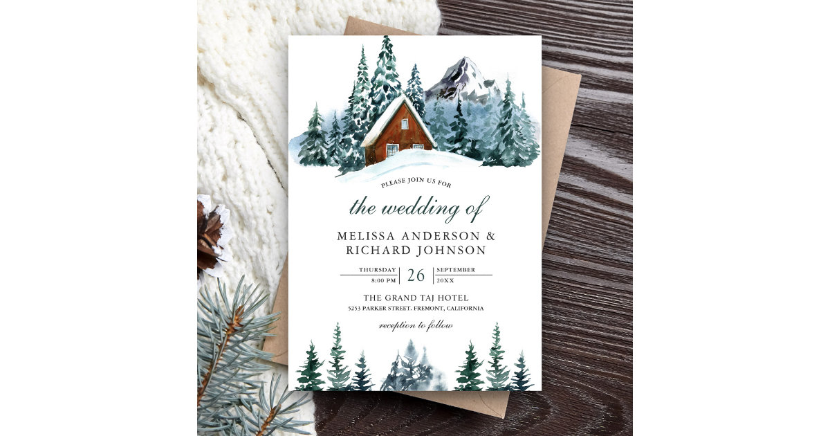 Snowy Winter Mountain Forest Cabin Lodge Wedding Invitation | Zazzle