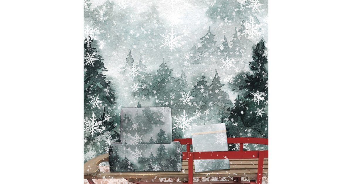 Snowy Winter Mountain Woodland Forest Snowflakes Wrapping Paper | Zazzle